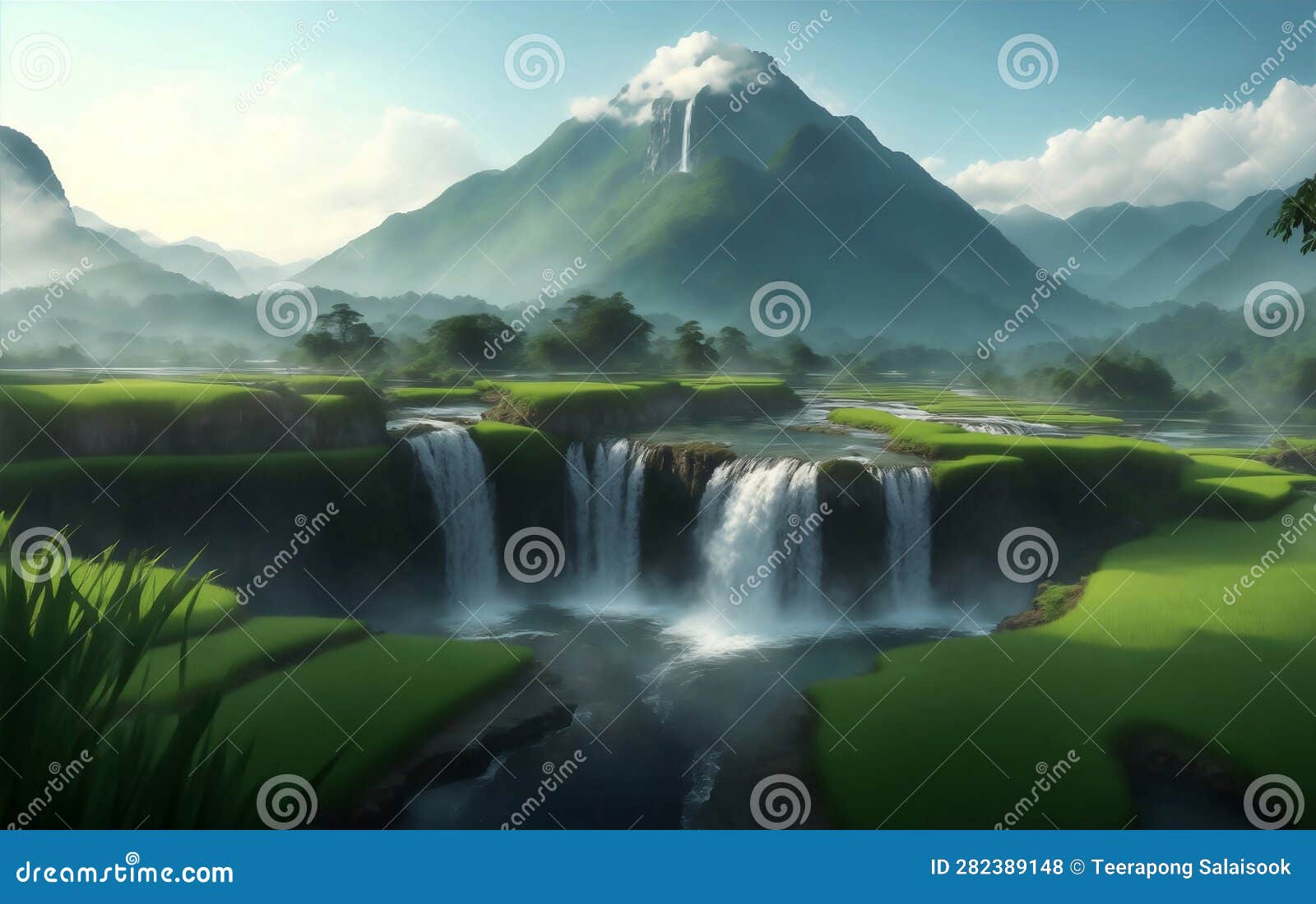 Rice Field with Mountain and Waterfall in Thailand, Generative AI ...