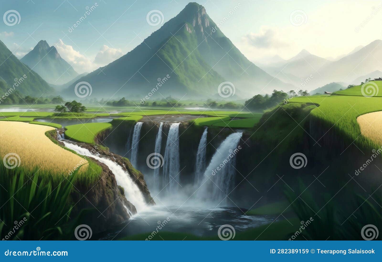 Rice Field with Mountain and Waterfall in Thailand, Generative AI ...