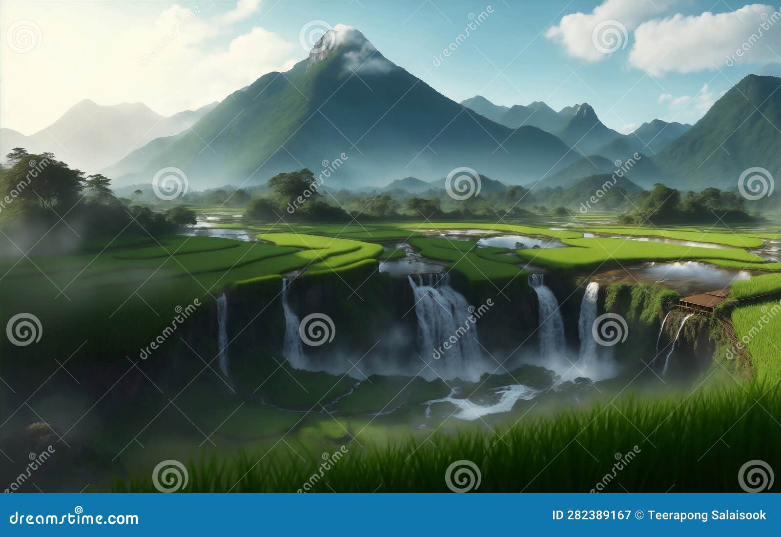Rice Field with Mountain and Waterfall in Thailand, Generative AI ...