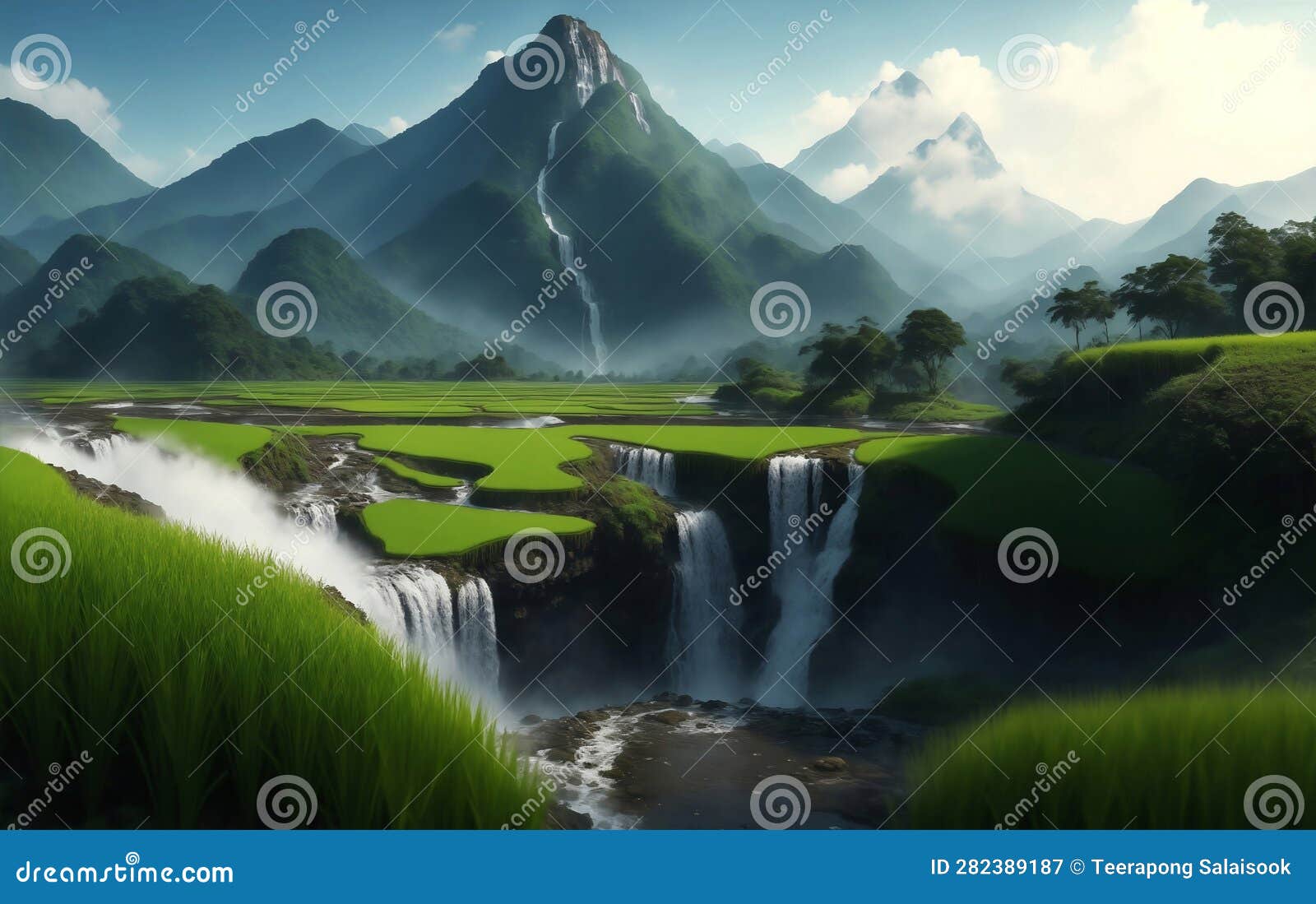 Rice Field with Mountain and Waterfall in Thailand, Generative AI ...