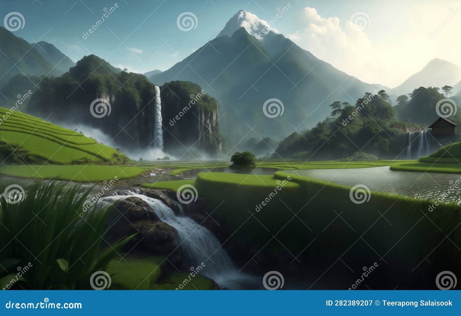 Rice Field with Mountain and Waterfall in Thailand, Generative AI ...
