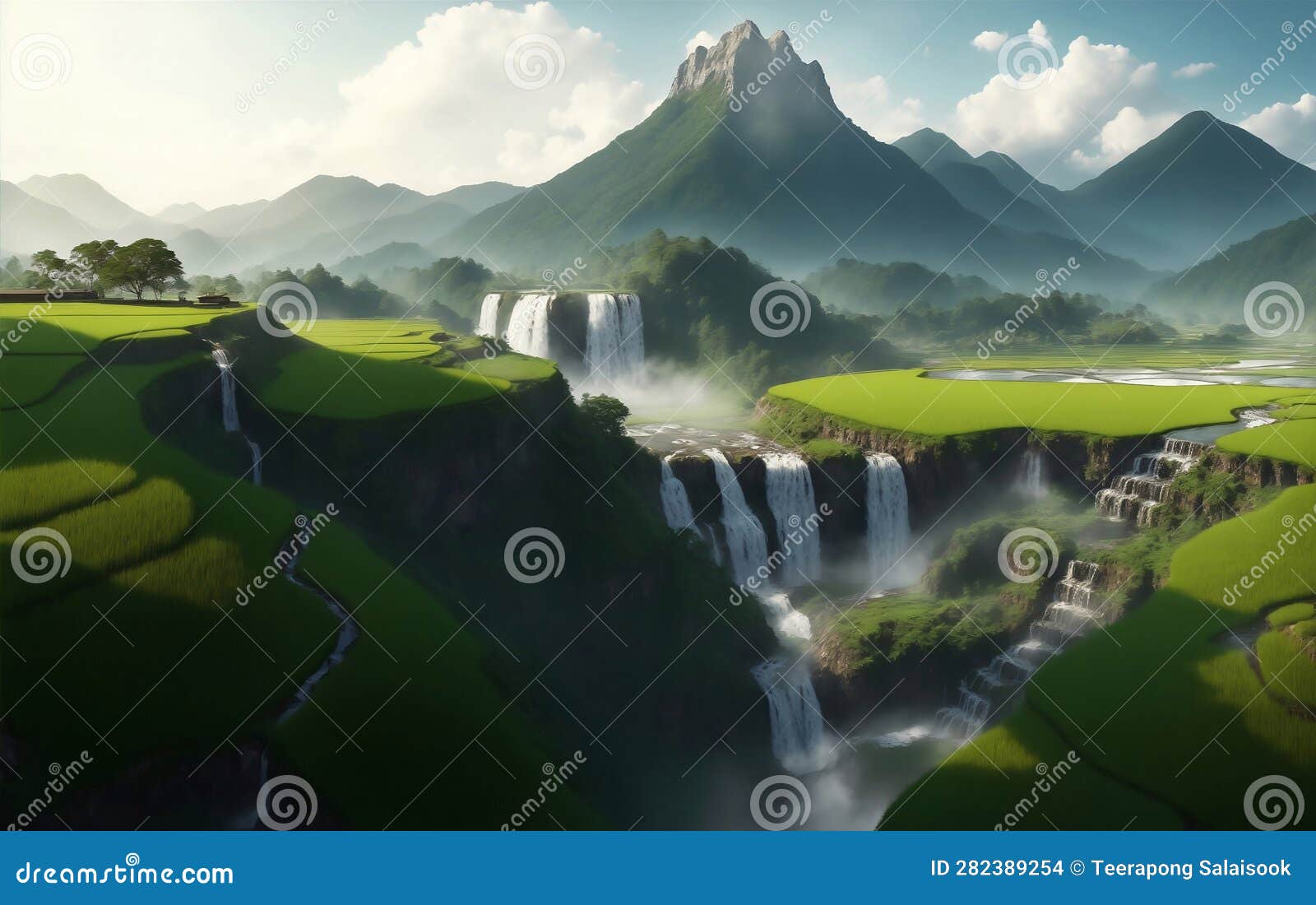 Rice Field with Mountain and Waterfall in Thailand, Generative AI ...