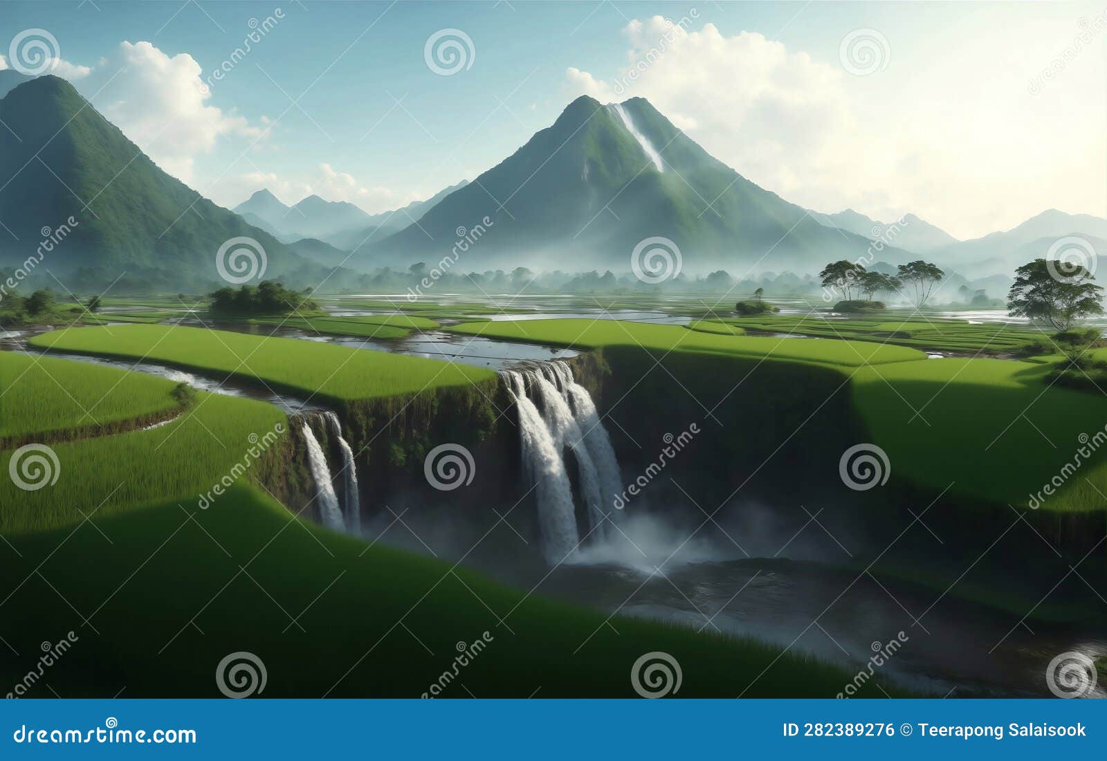 Rice Field with Mountain and Waterfall in Thailand, Generative AI ...