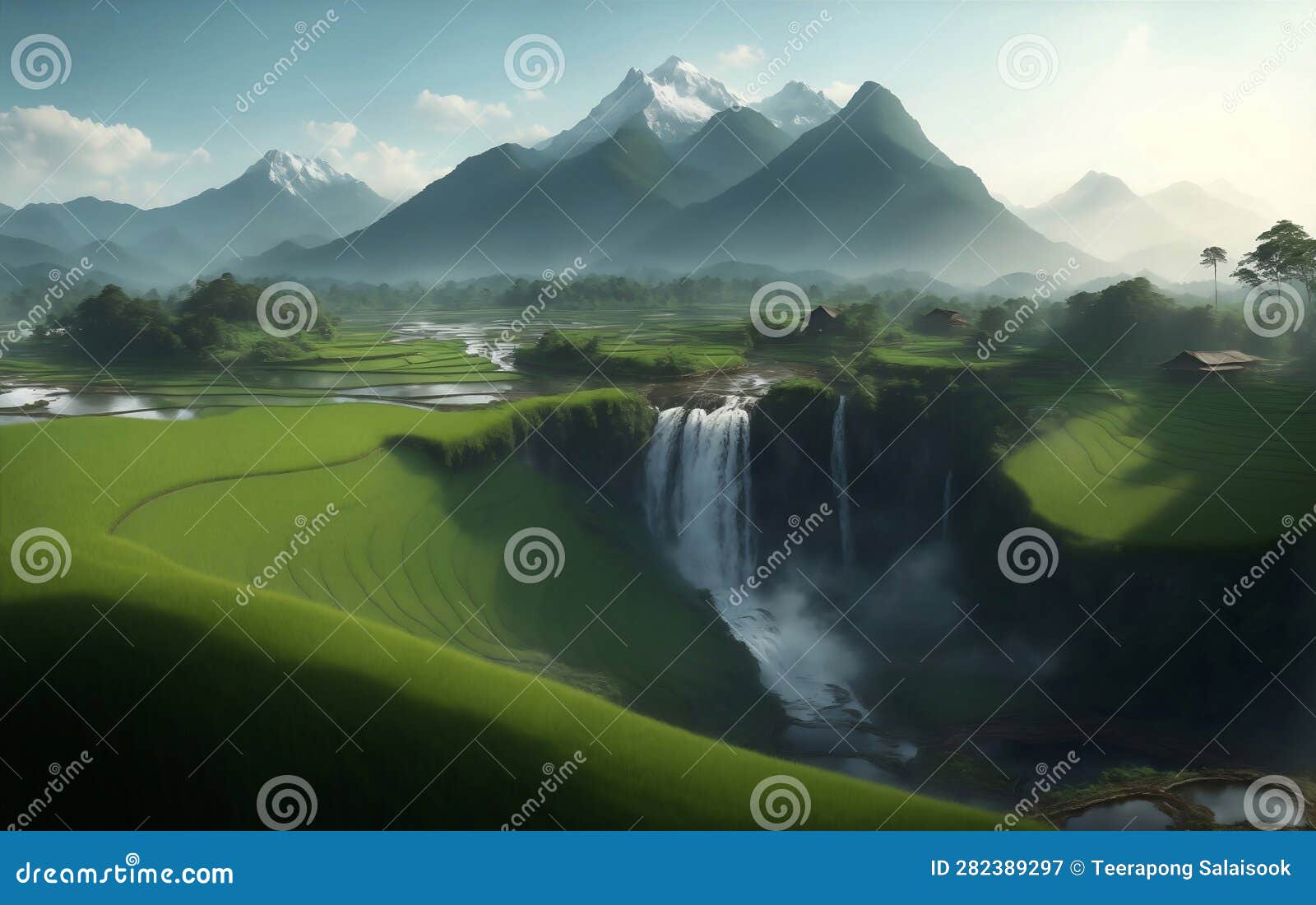 Rice Field with Mountain and Waterfall in Thailand, Generative AI ...