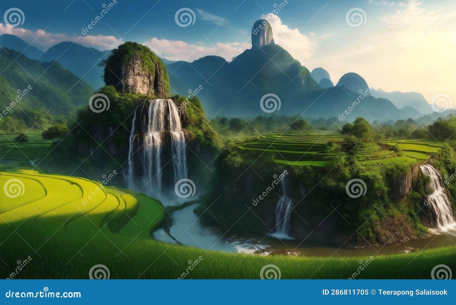 Rice Field with Mountain and Waterfall in Thailand, Generative AI ...