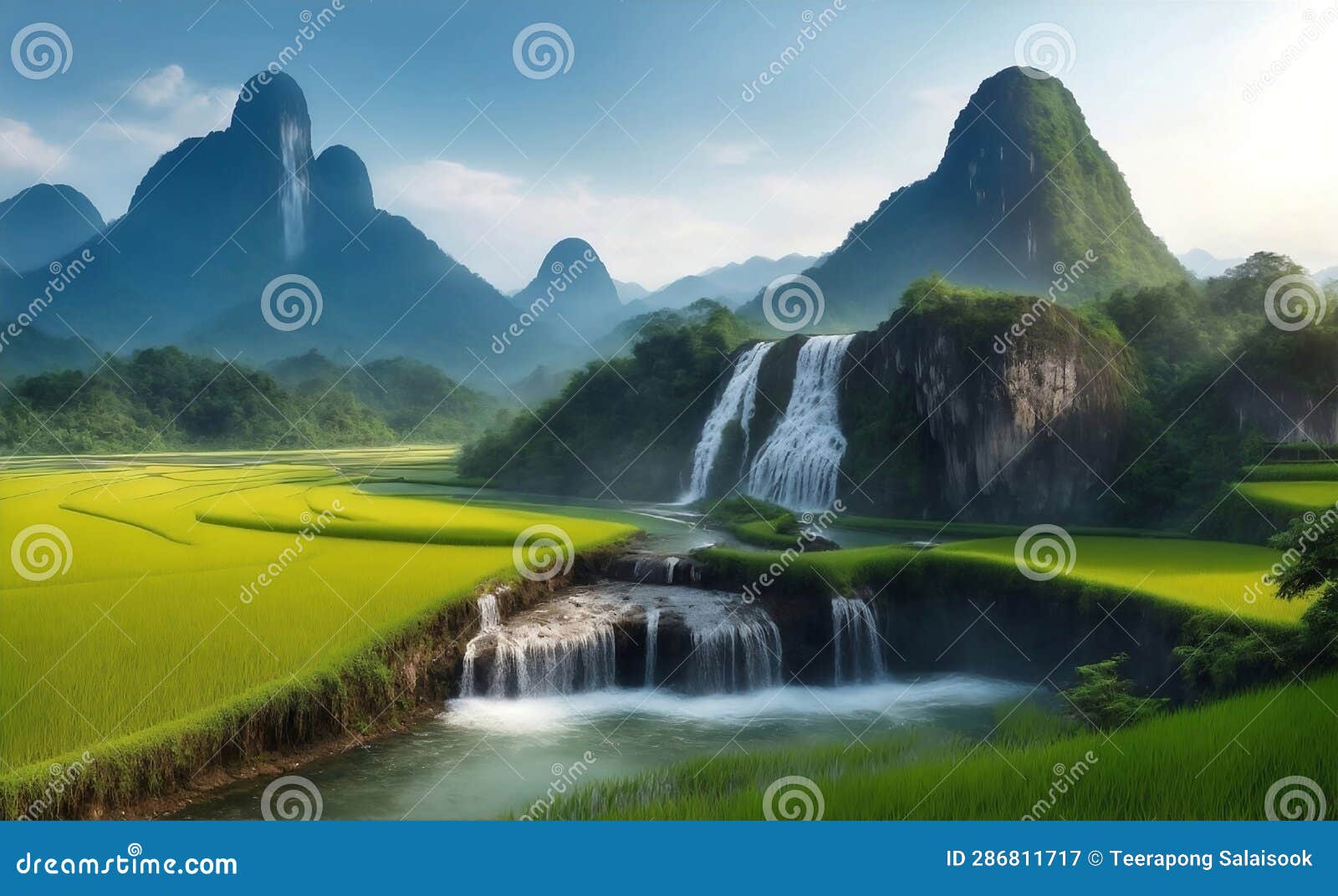 Rice Field with Mountain and Waterfall in Thailand, Generative AI ...