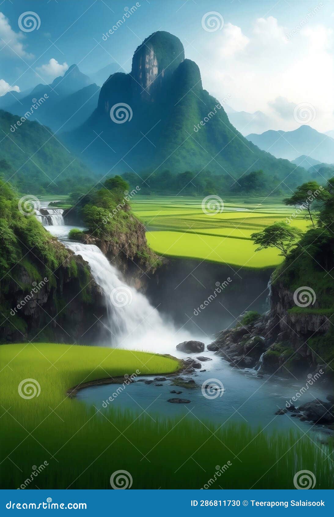 Rice Field with Mountain and Waterfall in Thailand, Generative AI ...