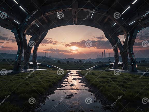 Rice Field Under the Bridge at Sunset, 3d Render Stock Illustration ...