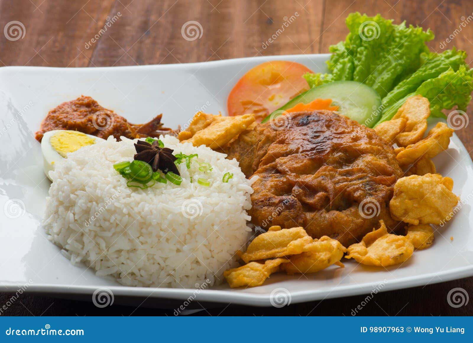 Rice with fried chicken stock image. Image of wooden - 98907963