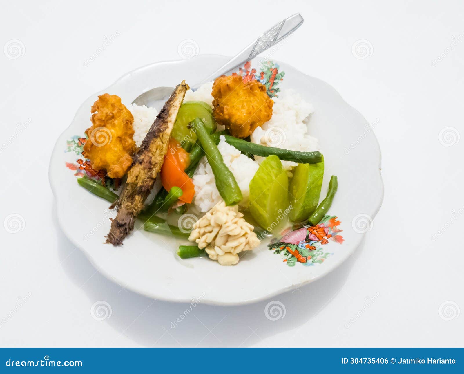 Rice with Fried Fish and Vegetables in White Plate on White Background ...
