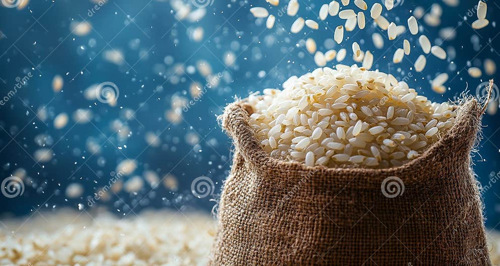 Rice Grains Falling from Burlap Sack, Creating a Dynamic and Textured ...