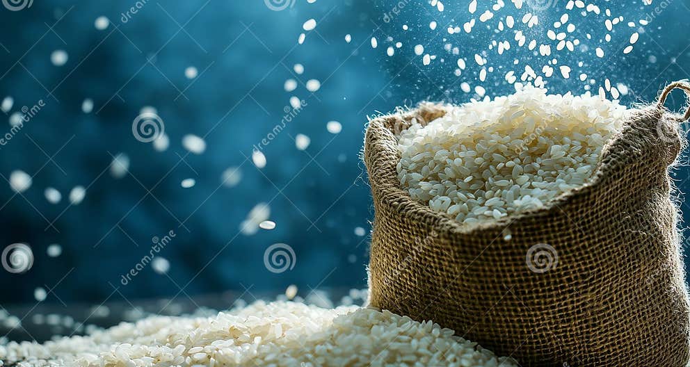 Rice Grains Falling from Burlap Sack, Creating a Dynamic and Textured ...