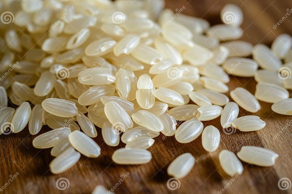 Rice Grains Spread Out on a Wooden Table Surface Stock Image - Image of ...