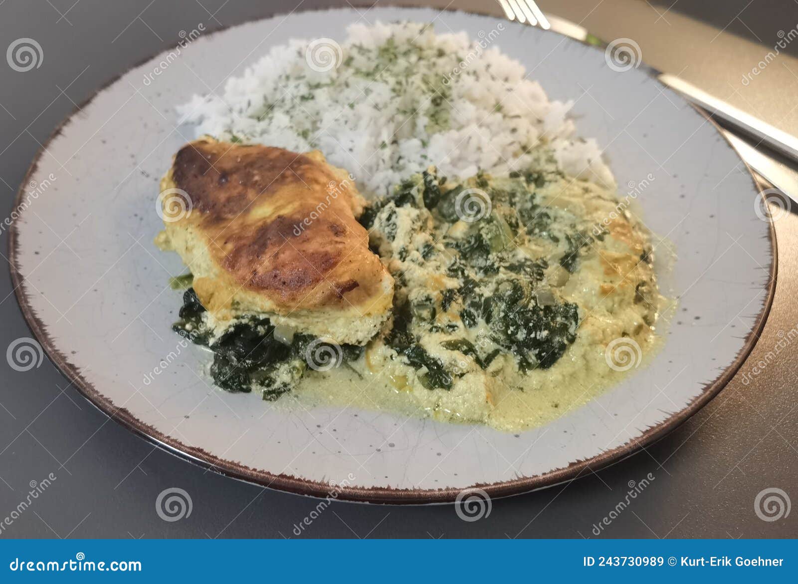 Rice with Gratinated Chicken with Spinach Stock Image - Image of meal ...