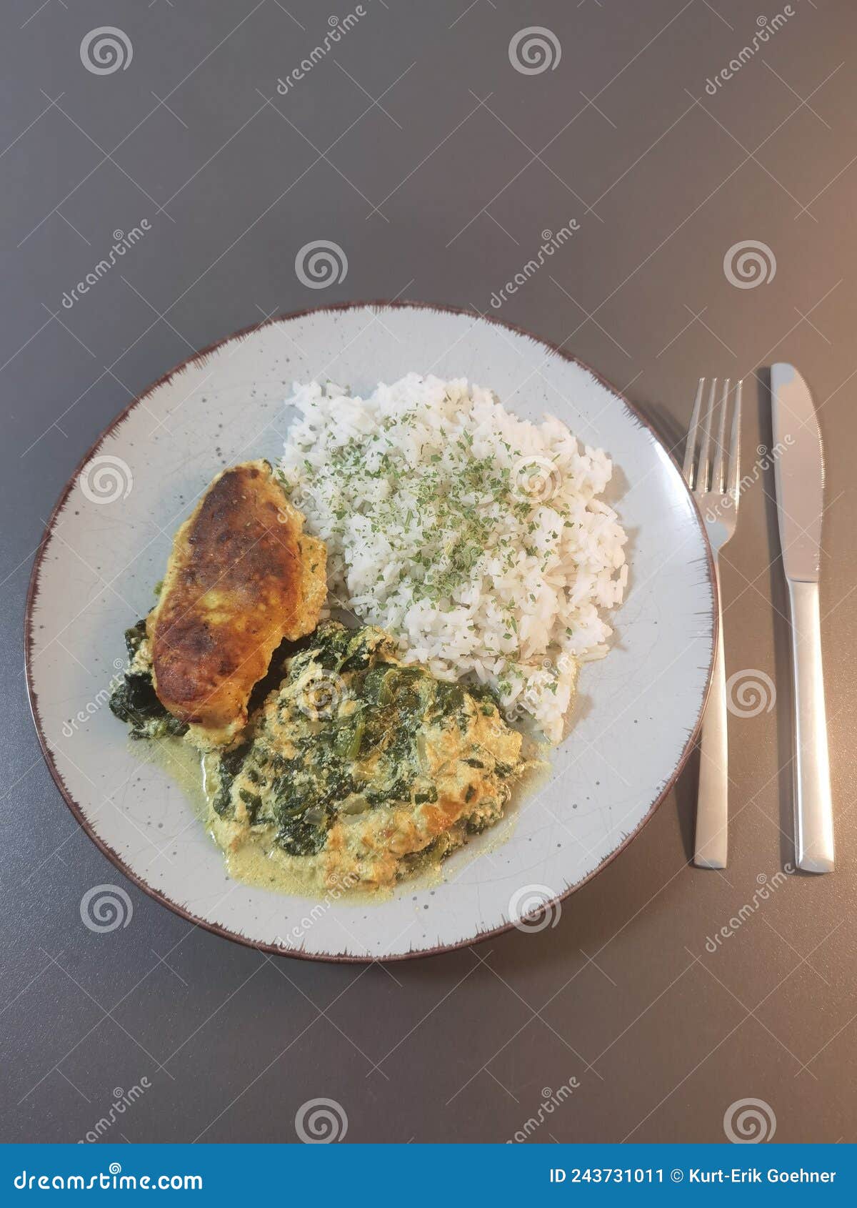 Rice with Gratinated Chicken with Spinach Stock Image - Image of ...