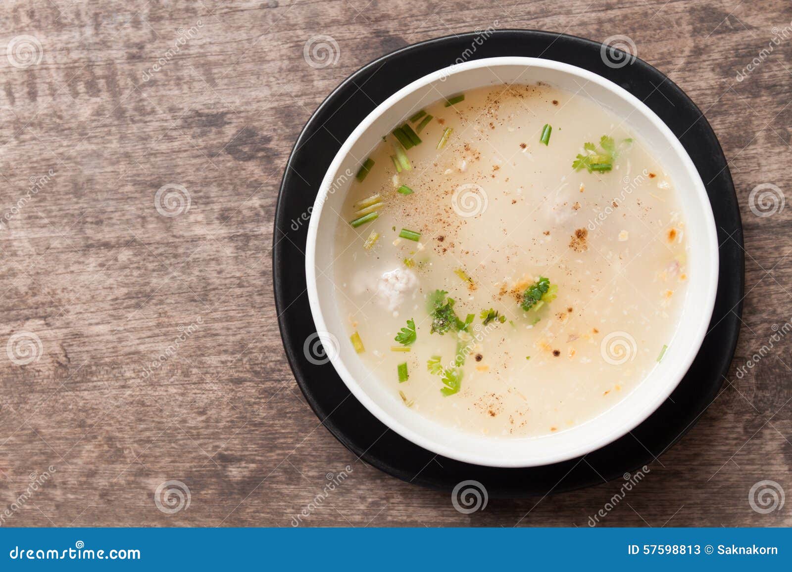 Rice gruel on table stock image. Image of wood, pork - 57598813