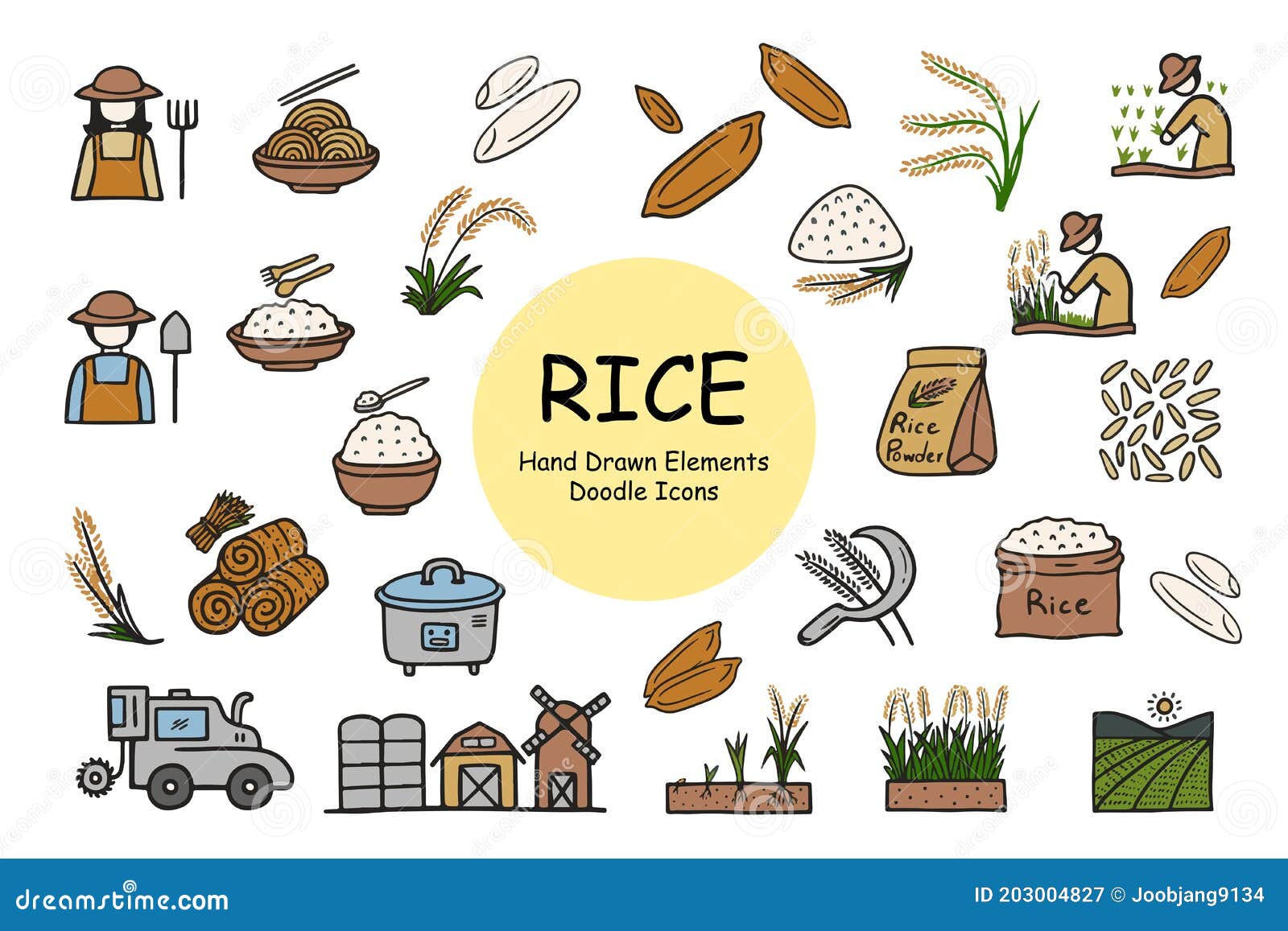 Rice Icon Set Hand Drawn Doodle Icons Cartoon Vector | CartoonDealer ...