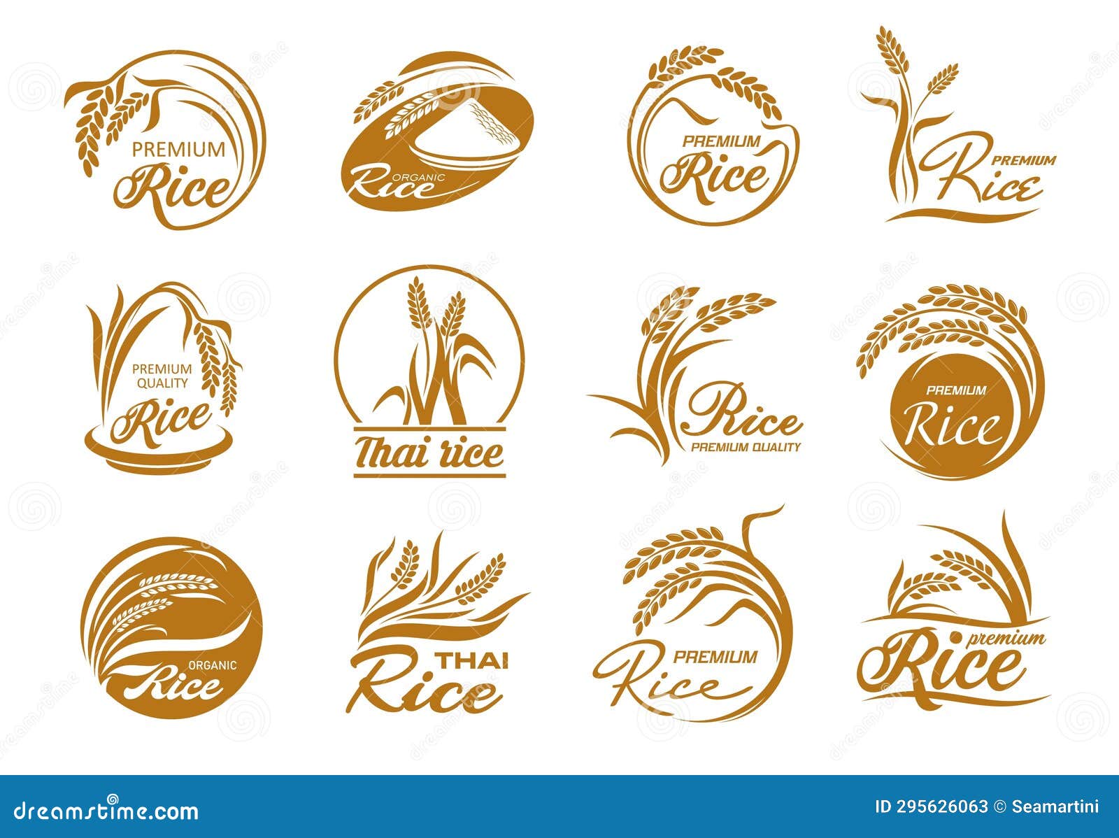 Rice Icons with Cereal Plants and Paddy Grains Stock Vector ...
