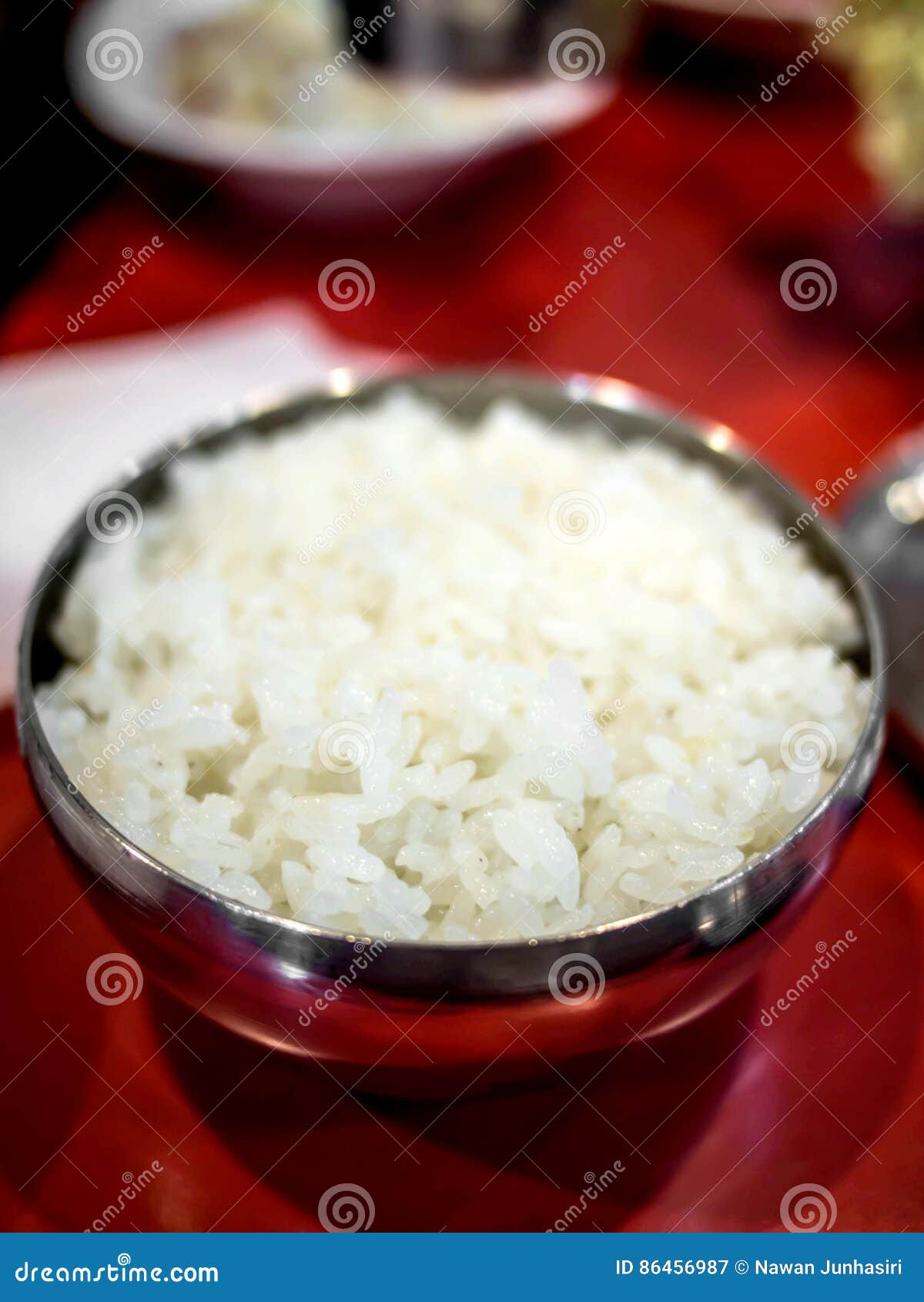 Rice in the Metal Bowl on the Red Table Korean Style Stock Image ...
