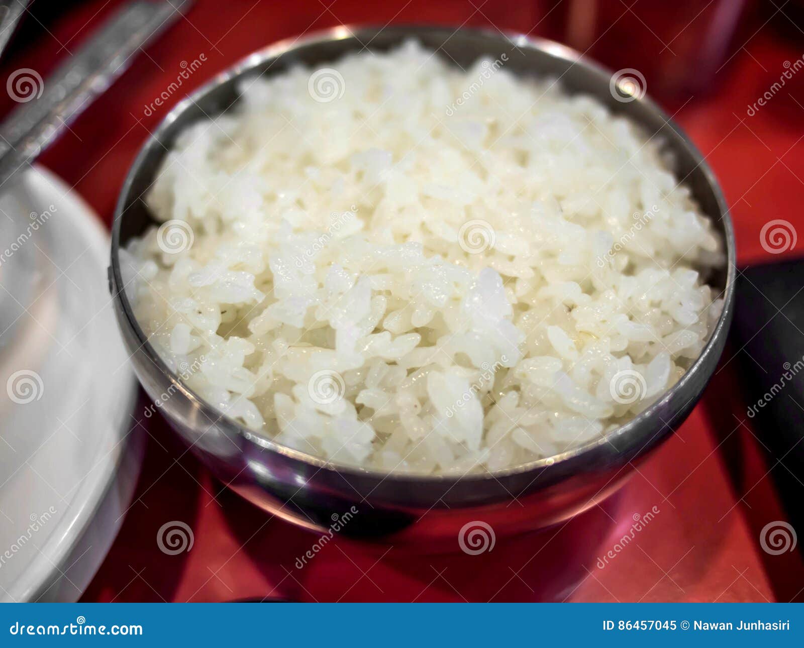 Rice in the Metal Bowl on the Red Table Korean Style Stock Image ...
