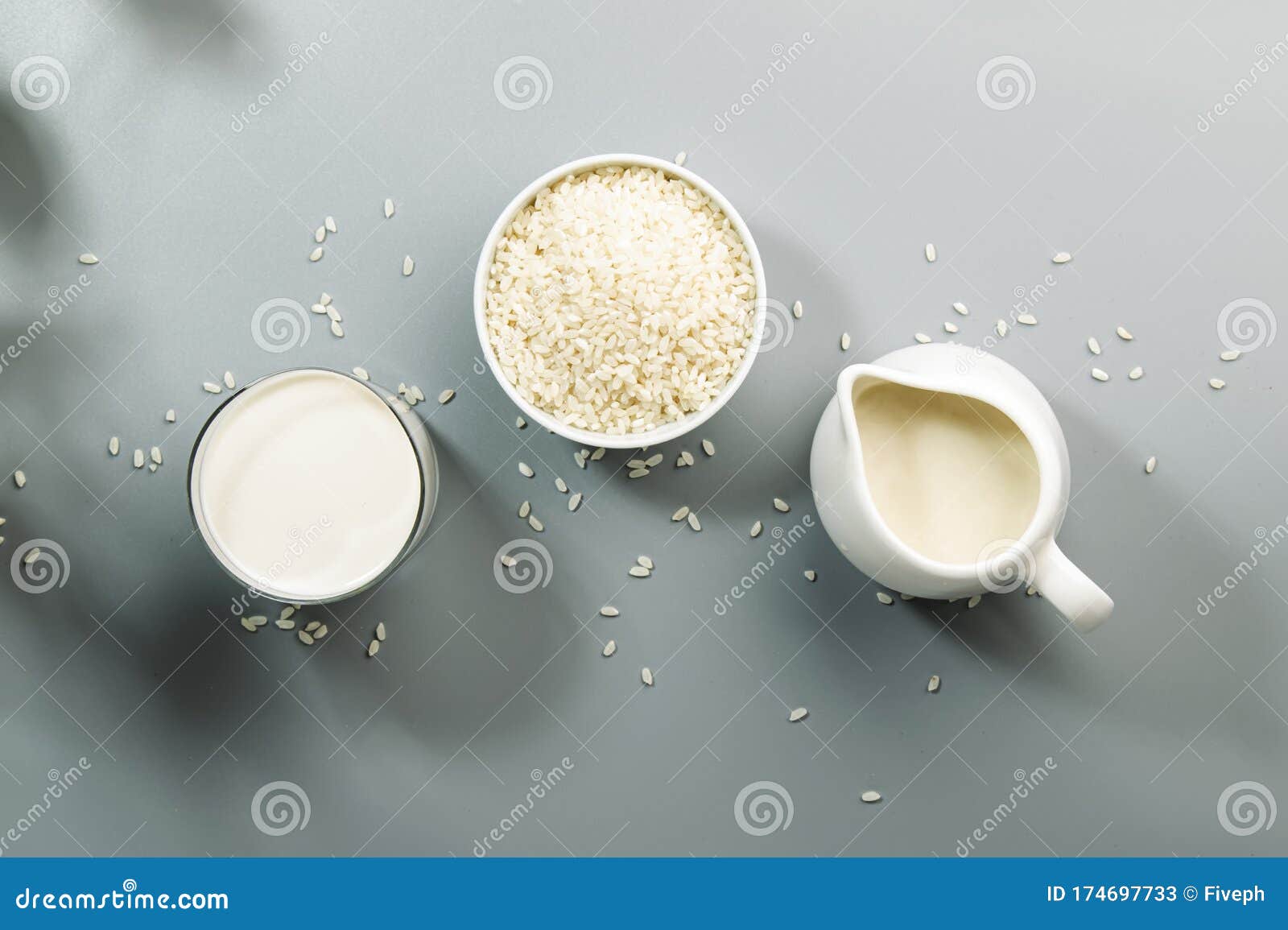 Rice Milk with Rice Grains on Gray Table. Copy Space, Top View Stock ...