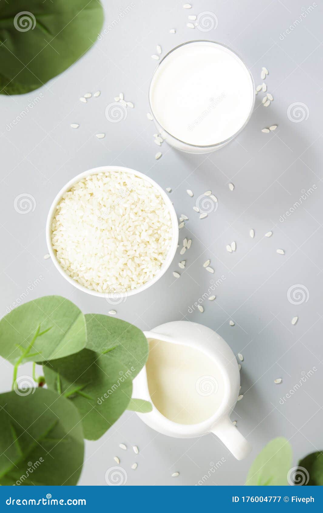Rice Milk with Rice Grains on Gray Table. Copy Space, Top View Stock ...