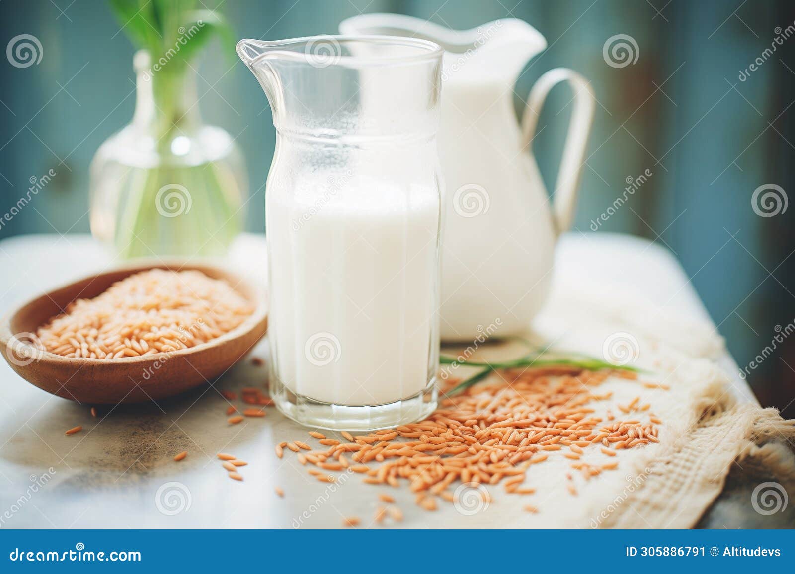 Rice Milk in a Jug, Unhulled Rice Grains on the Side Stock Image ...