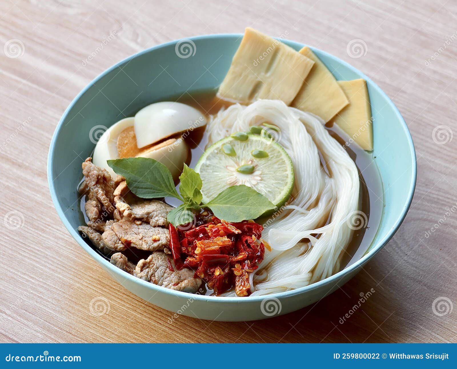 Rice Noodles in Fish Curry with Egg and Pork Stock Photo - Image of ...