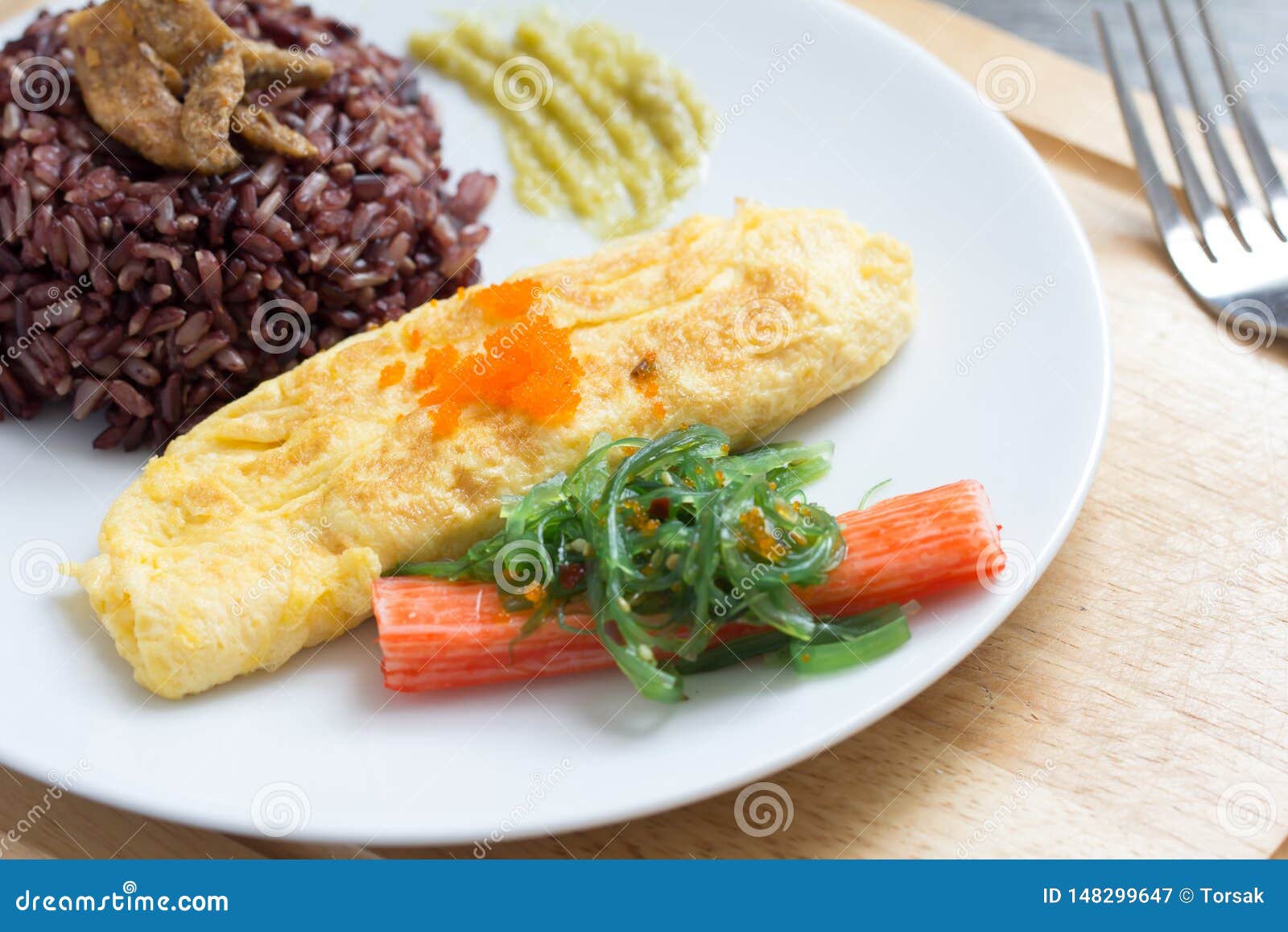 Rice with omelette stock image. Image of plate, wasabi - 148299647
