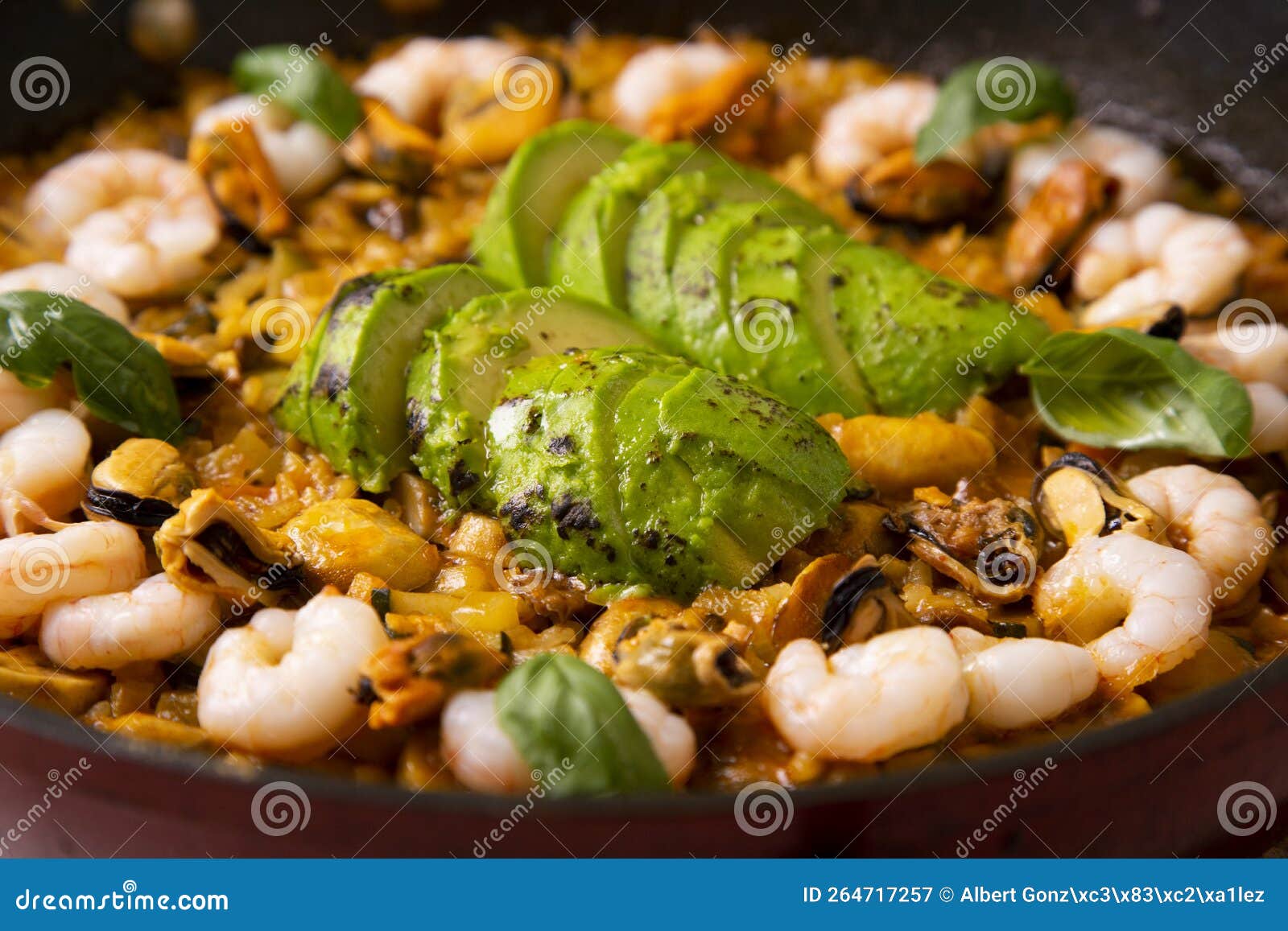 Rice Paella with Shrimp and Avocado. Stock Image - Image of healthy ...
