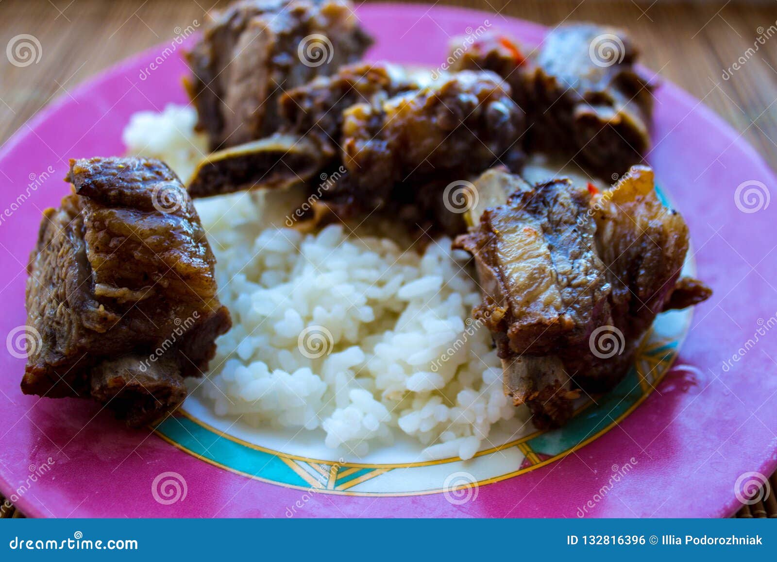 A Rice with Pork Ribs on a Plate Stock Photo - Image of background ...