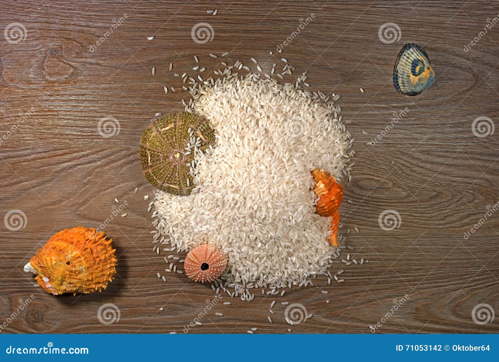 Rice Poured on Wood Panel. the Composition of Sea Shells Added Stock ...