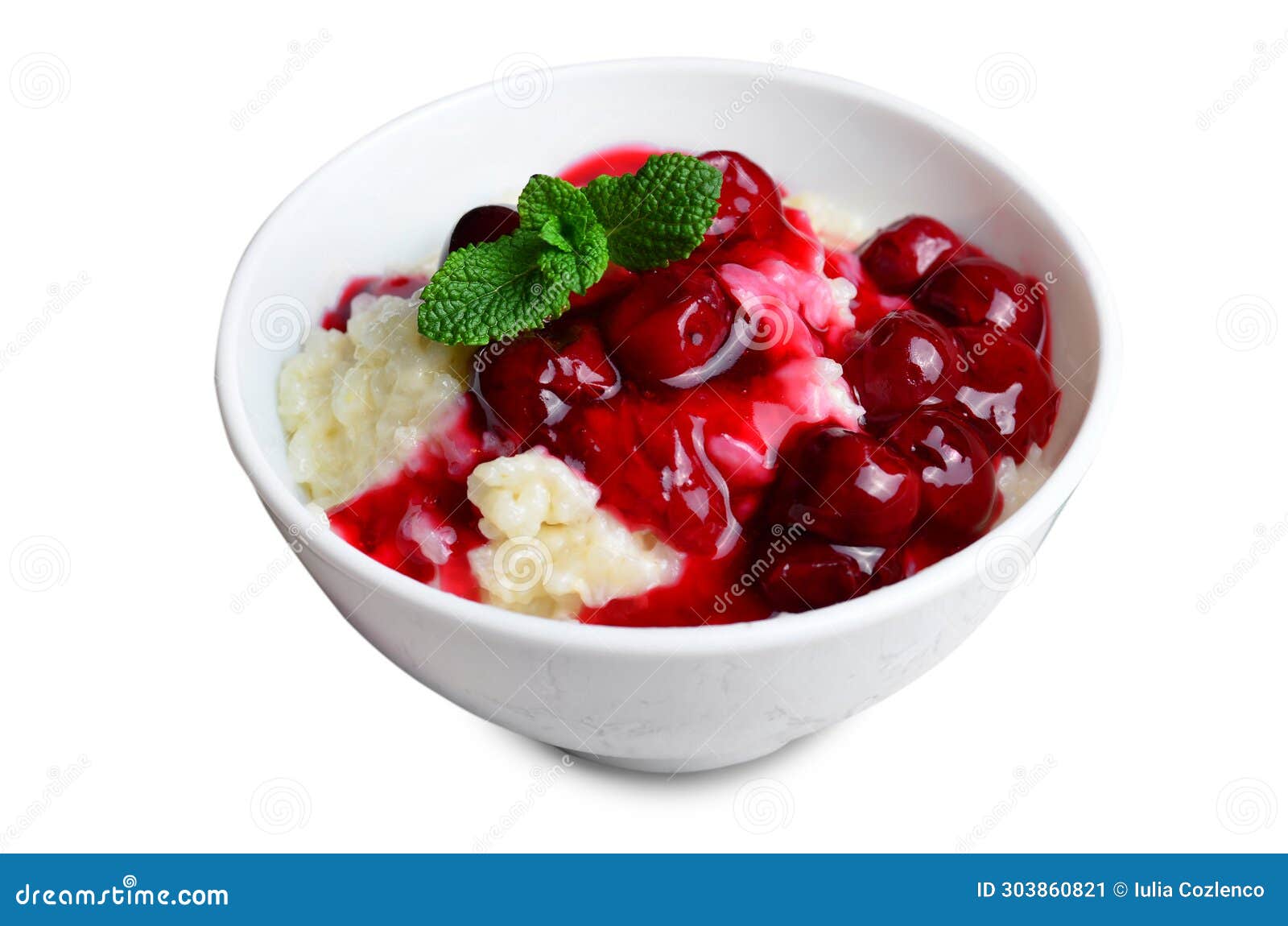 Rice Pudding with Cherry Sauce on White Background Stock Image - Image ...