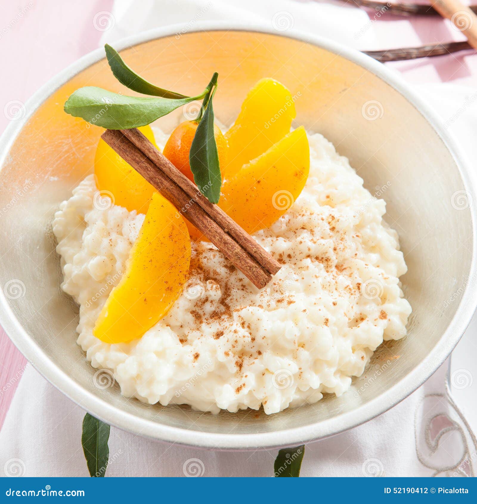 Rice pudding with peaches stock photo. Image of pudding - 52190412