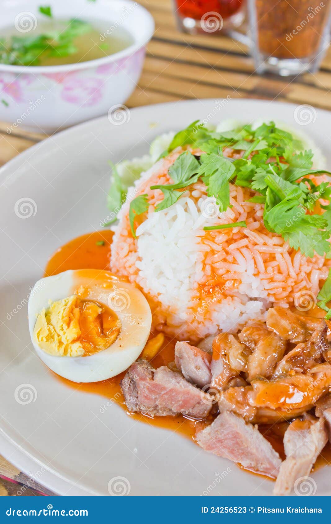 Rice with Roasted Pork with Sauce. Stock Image - Image of dinner, green ...
