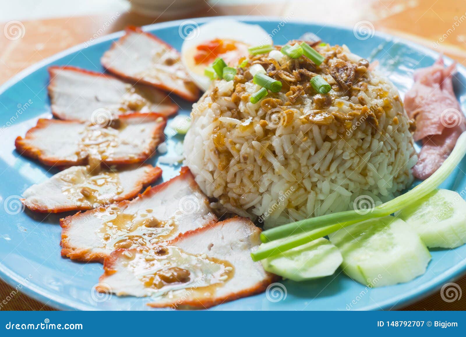 Rice with Roasted Red Pork with Egg and Cucumber Khao Moo Daeng Stock ...