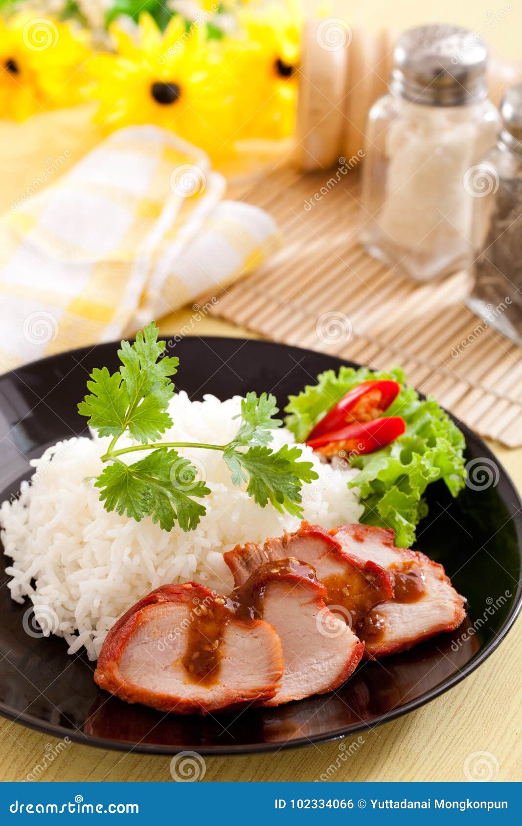 Khao Moo Daeng stock photo. Image of meat, sauce, pork - 102334066