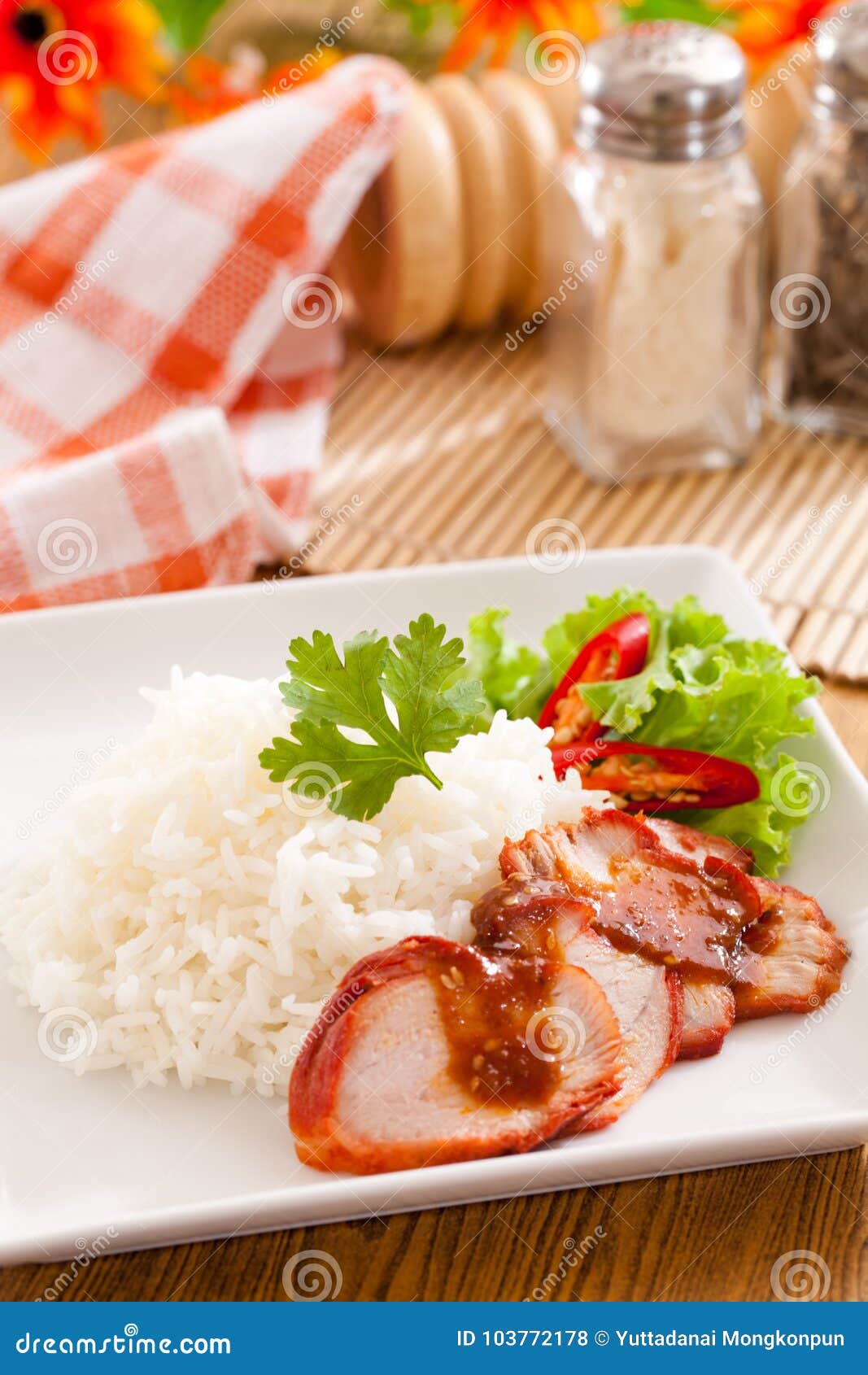 Khao Moo Daeng stock photo. Image of meal, sauce, sweet - 103772178