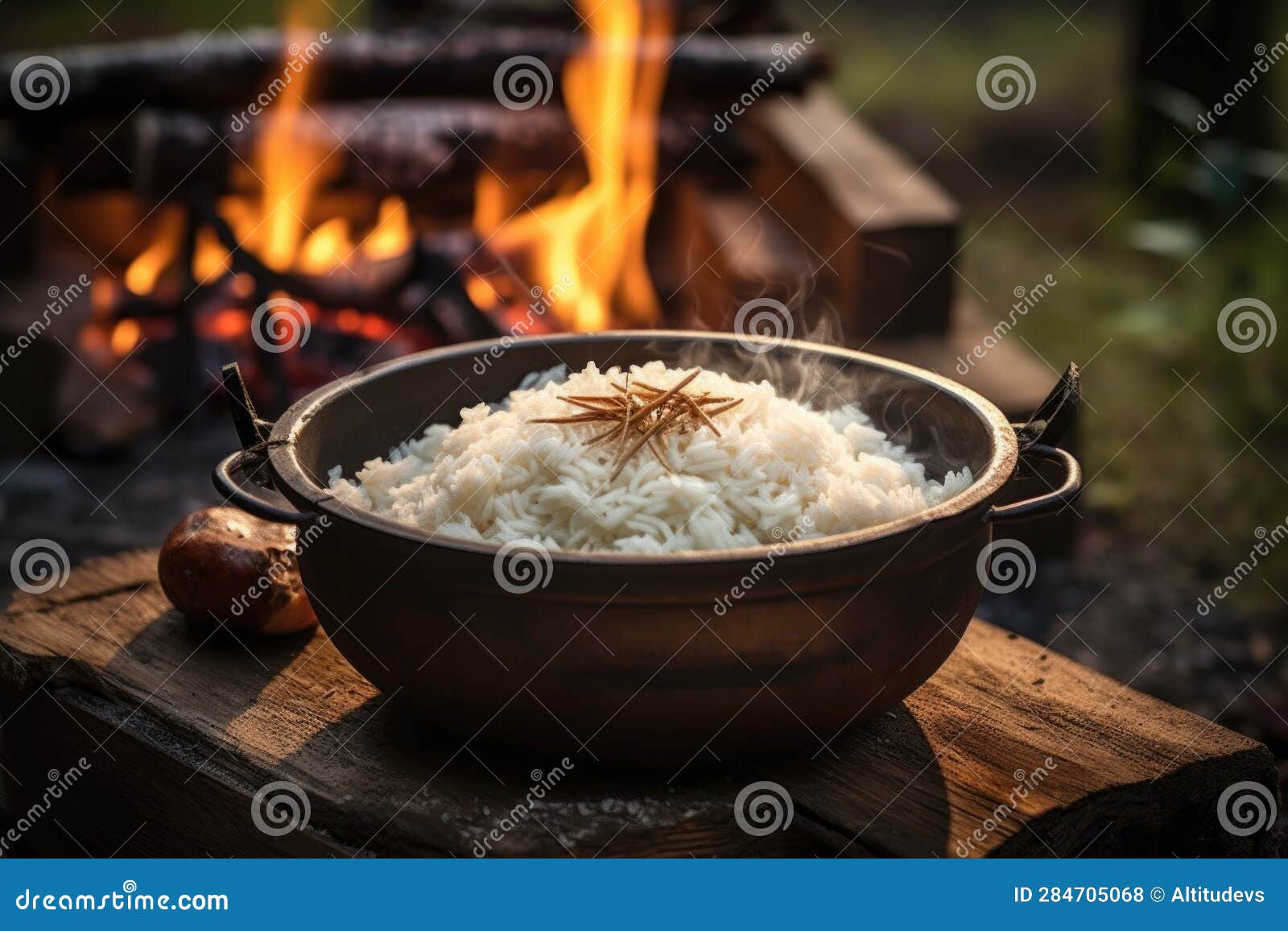 Rice in a Rustic Bowl with Campfire in Background Stock Photo - Image ...