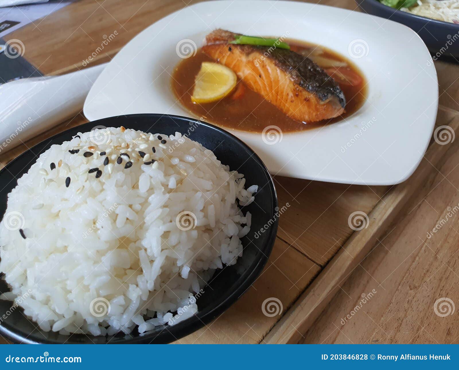 Rice and salmon tepan stock photo. Image of salmonteriyaki - 203846828