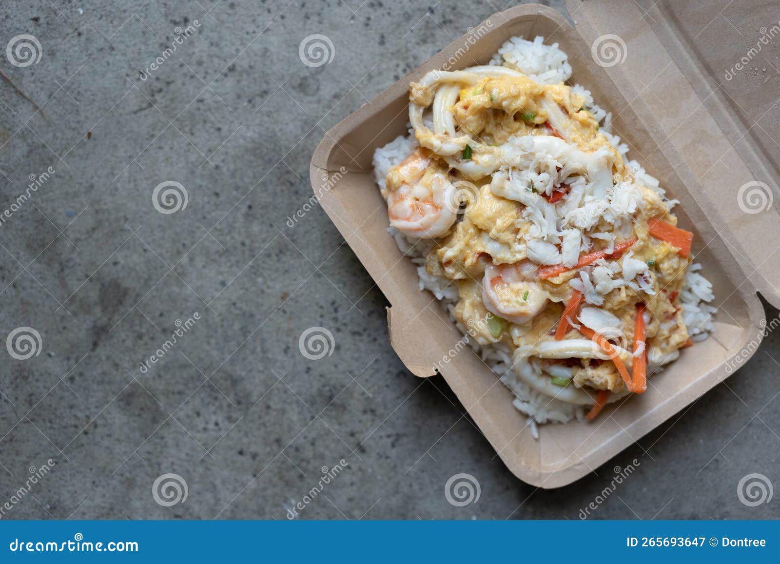 Rice and Scrambled Eggs Topped with Seafood Stock Image - Image of meal ...