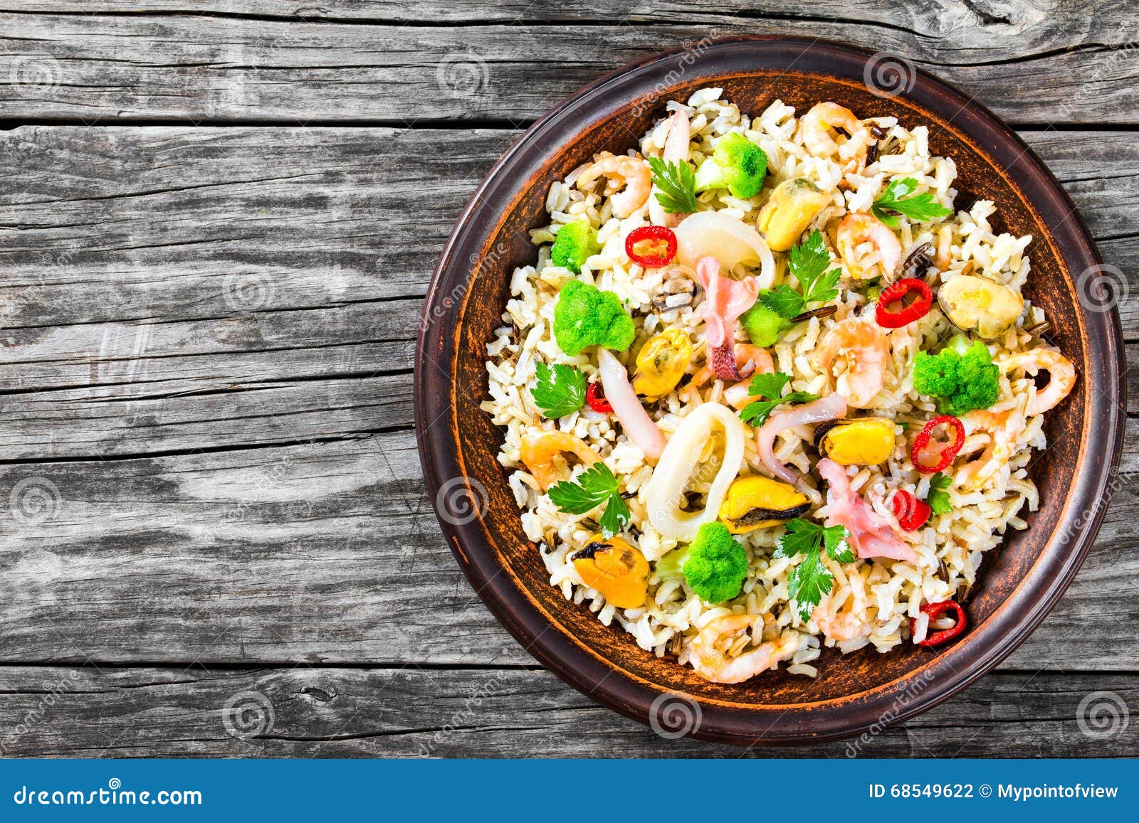 Rice with Seafood and Broccoli in a Bowl, Top View Stock Photo - Image ...