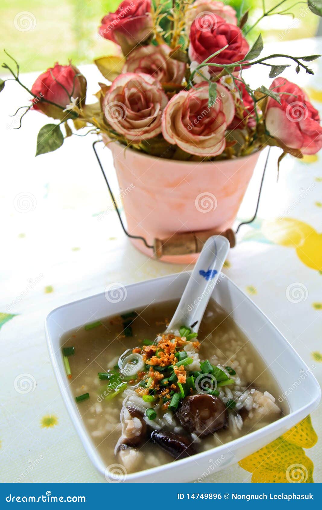 Rice Soup with Beautiful Flower on the Table Stock Photo - Image of ...
