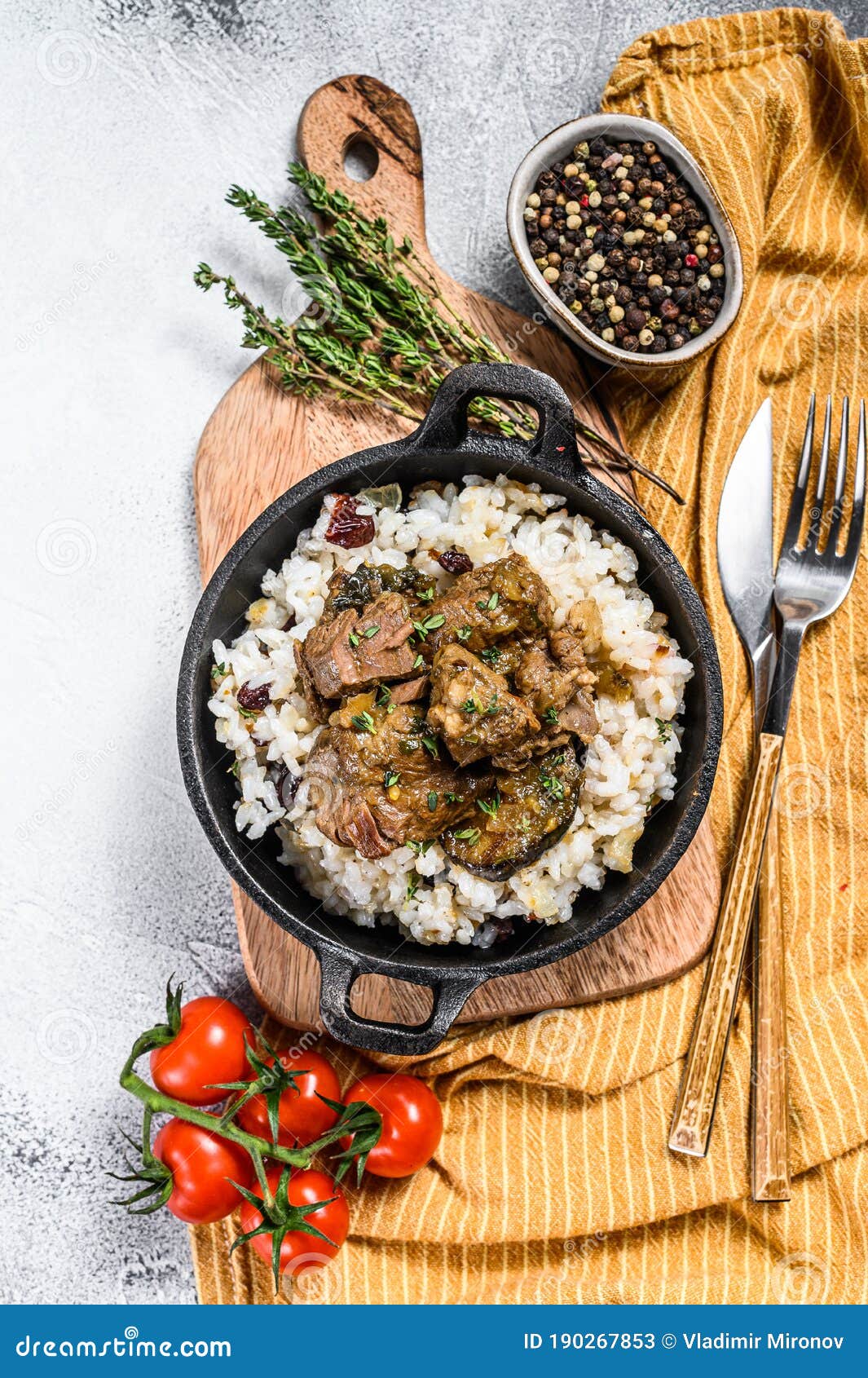 Rice with Stewed Lamb Meat. White Background Stock Image - Image of ...