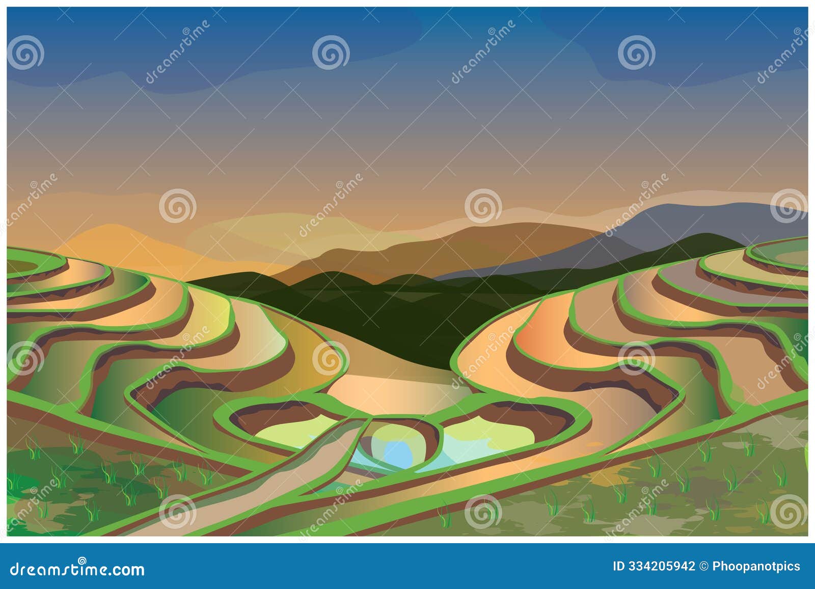 Rice Terraces on the Mountain Design Stock Vector - Illustration of ...