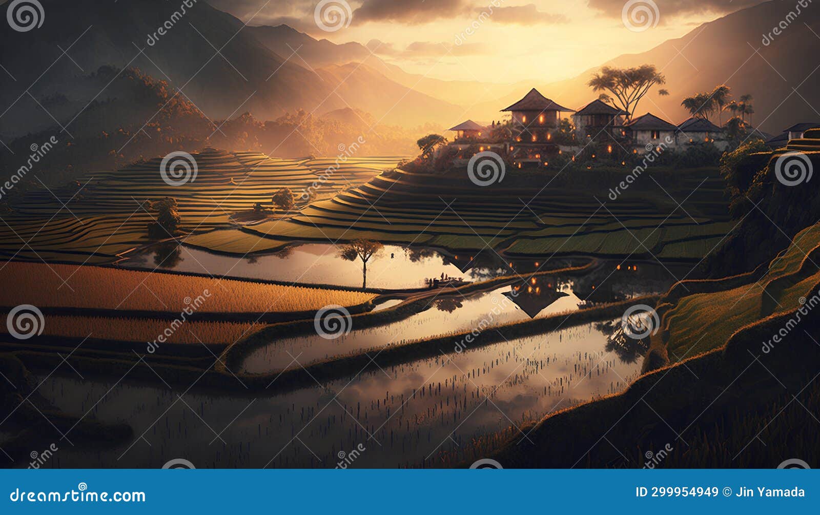 Rice Terraces at Sunset in Bali, Indonesia. 3D Rendering Stock ...