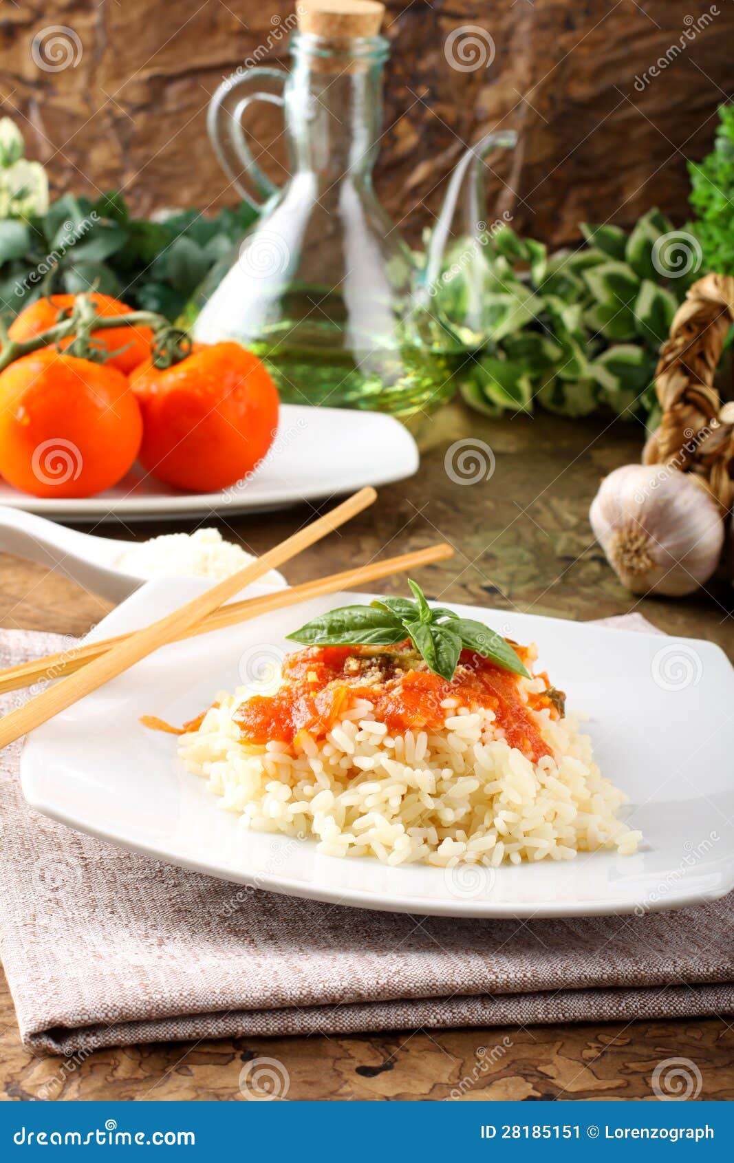 Rice with Tomato Sauce and Basil Stock Image - Image of garlic, healthy ...