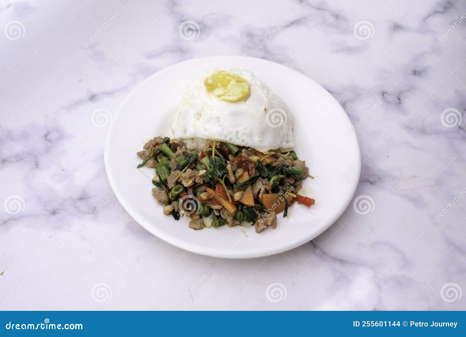 Rice Topped with Stir Fried and Basill Stock Photo - Image of salad ...