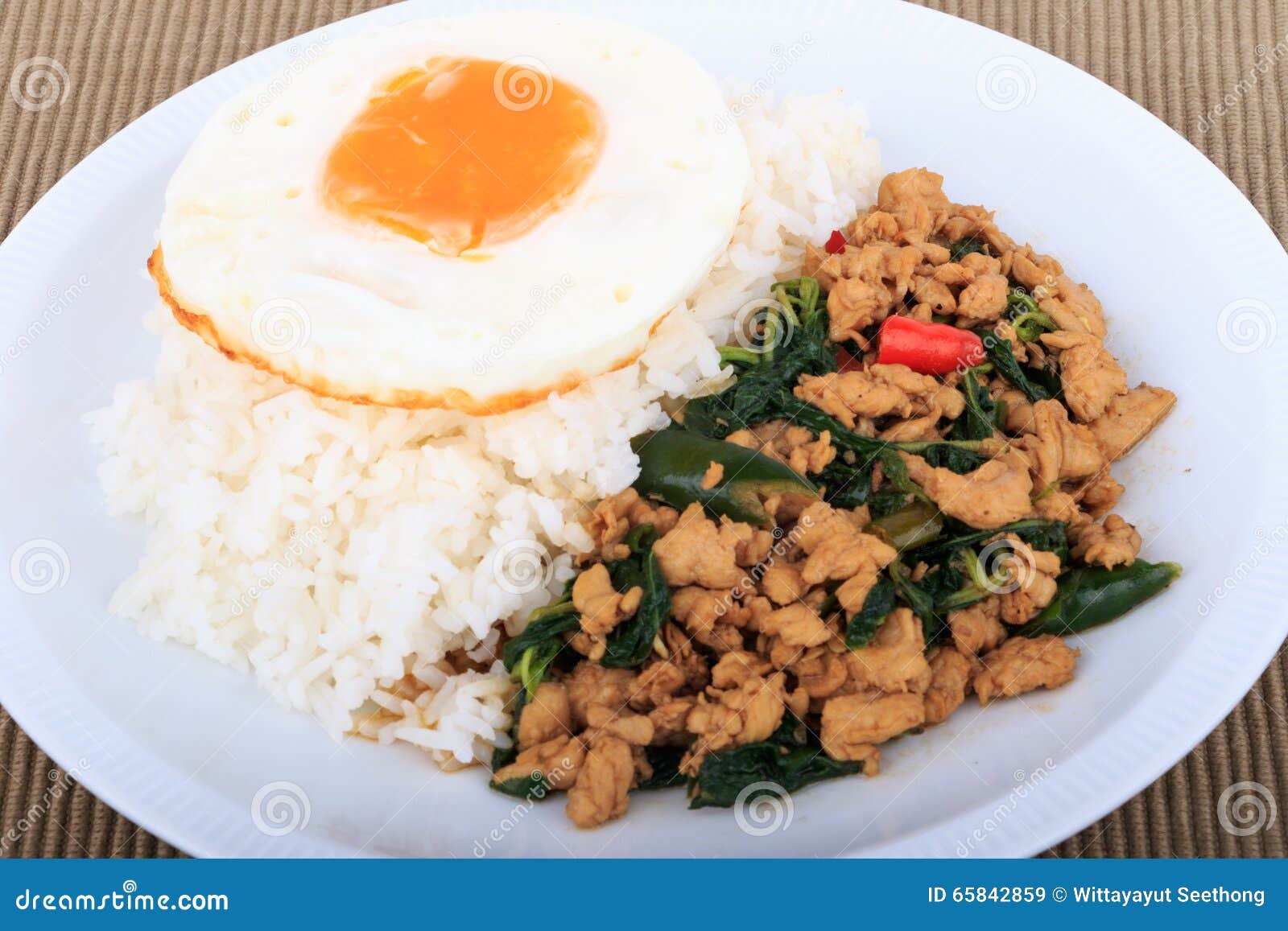 Rice Topped with Stir-fried Chicken, Basil and Fried Egg, Fried Stir ...