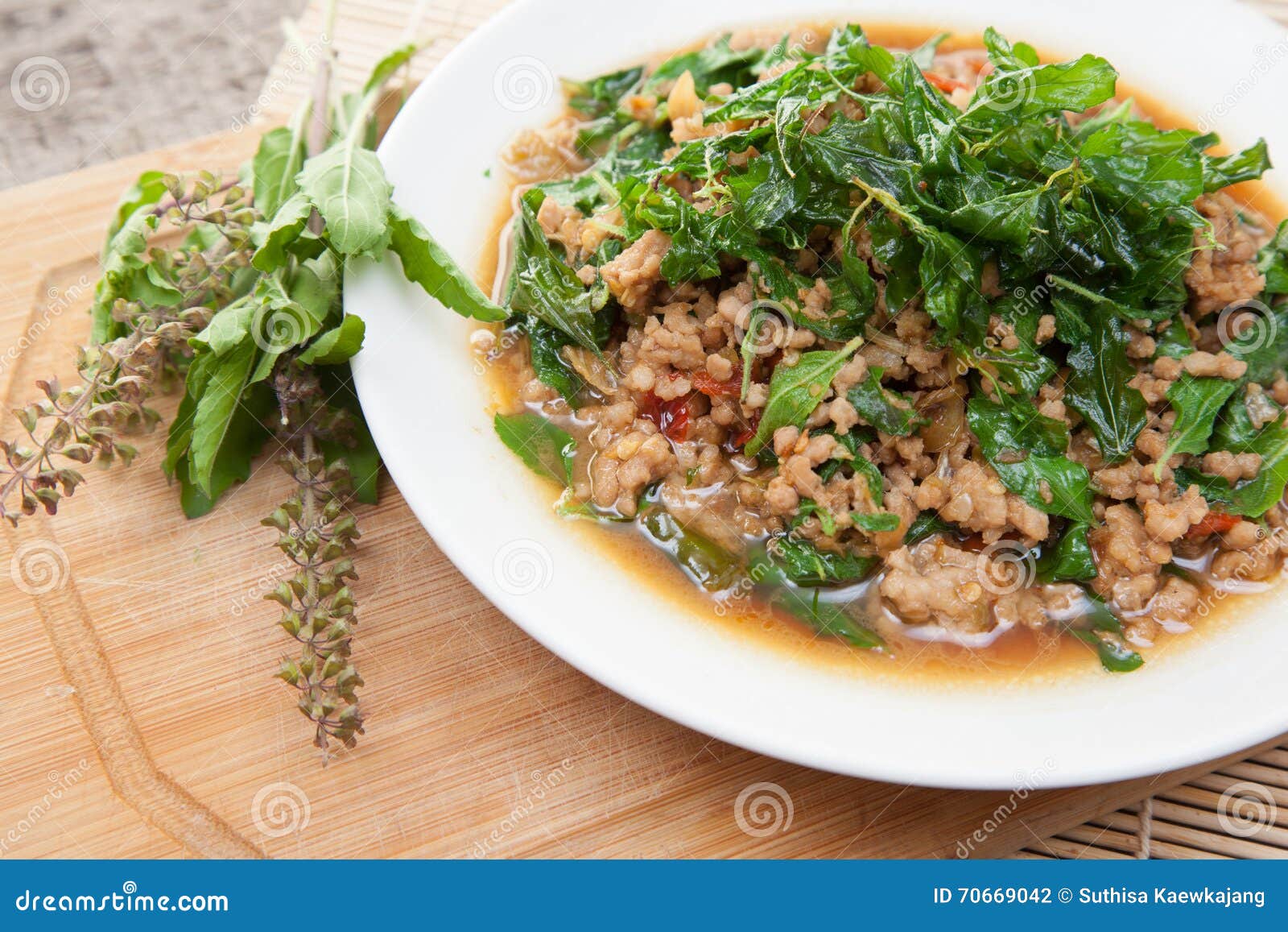 Rice Topped with Stir-fried Pork and Basil Stock Photo - Image of meat ...